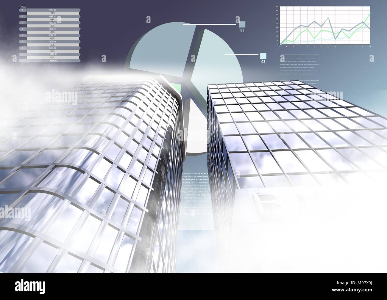 Tall buildings with pie charts and statistics Stock Photo - Alamy