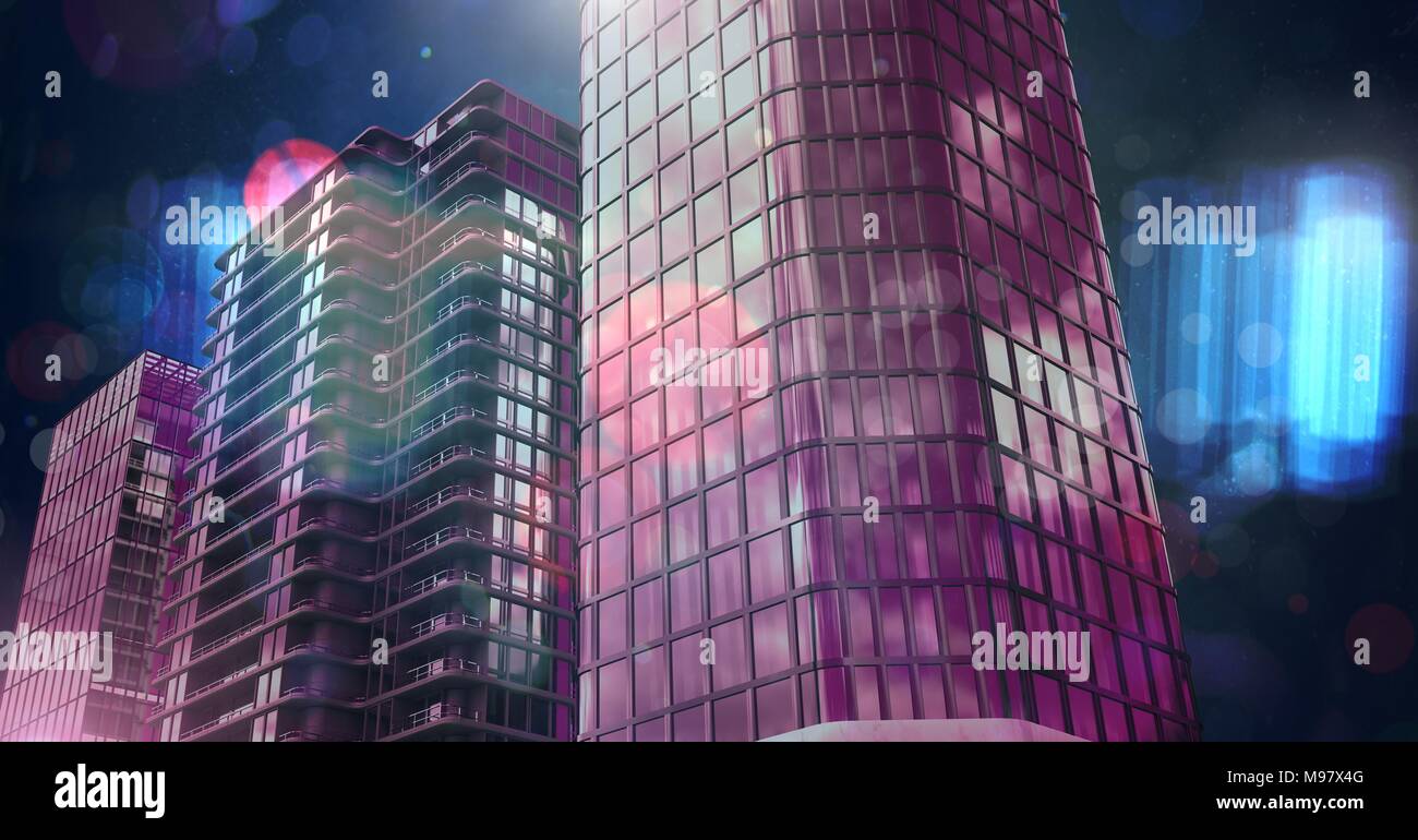 Tall buildings with glowing lights neon background Stock Photo - Alamy