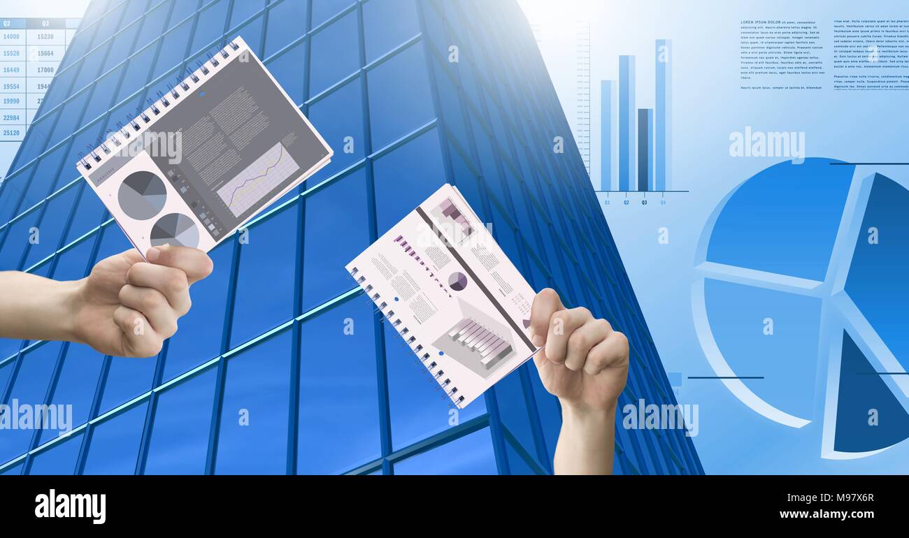 Hands holding chart documents and Tall building with economic finance ...