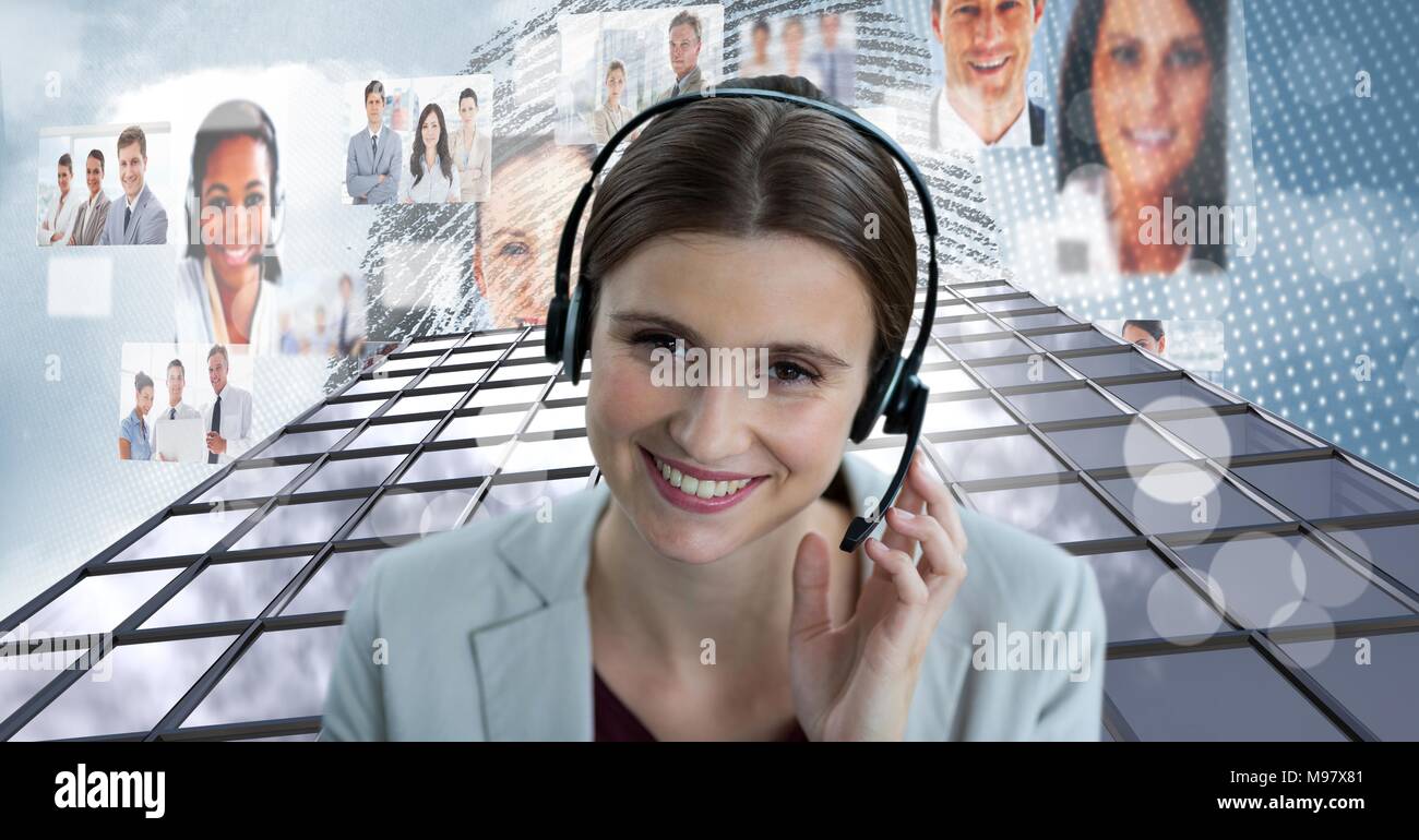 Customer service woman with Tall building with people icons Stock Photo ...