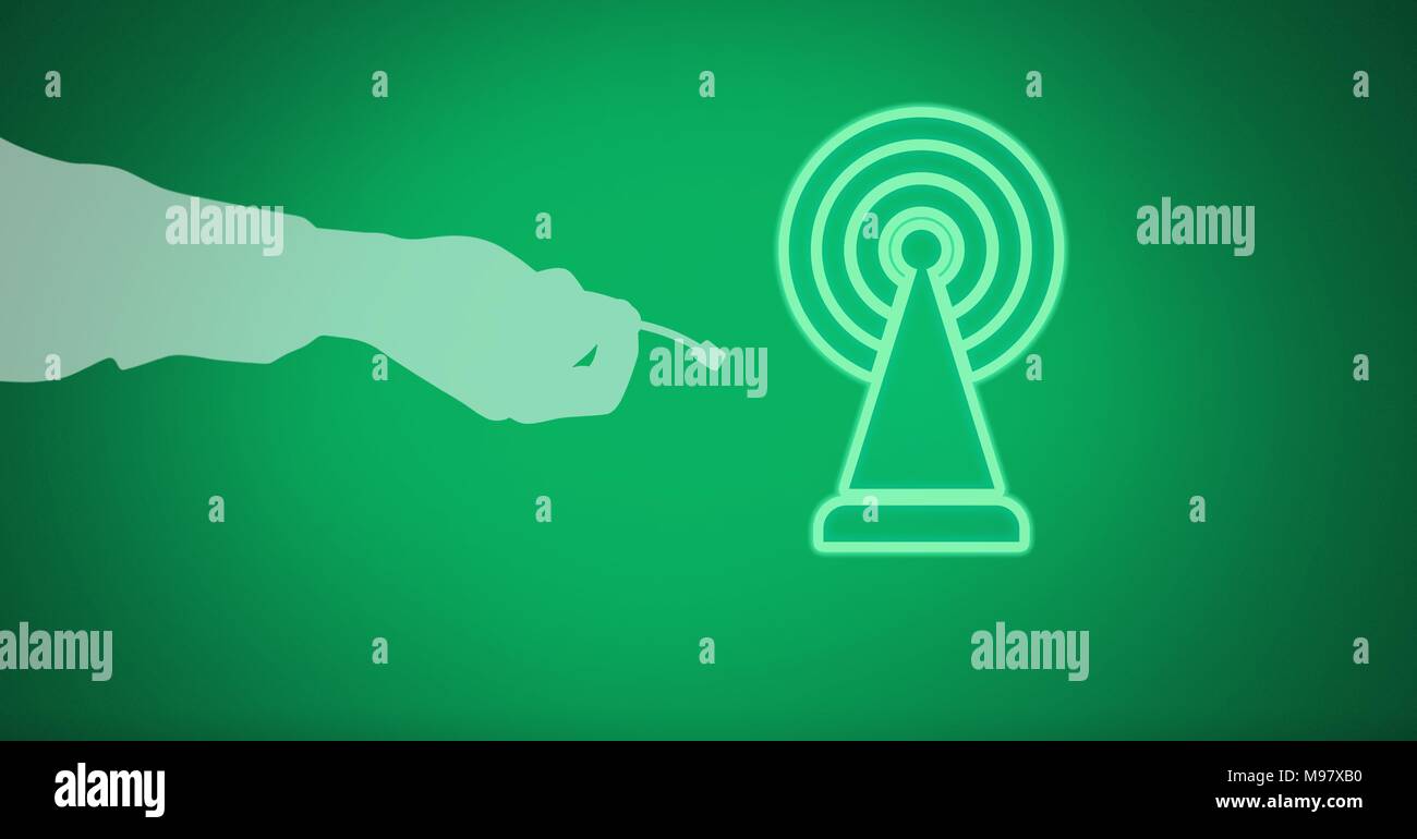 Hand holding wire connection with signal network icon Stock Photo - Alamy