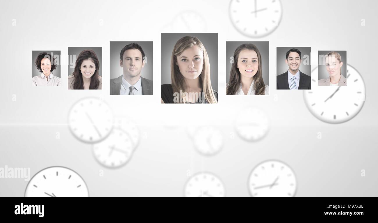 portrait profiles of different people and clocks time Stock Photo - Alamy