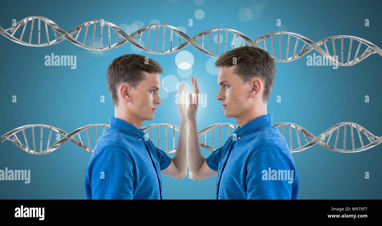 Clone twin man touching himself with genetic DNA and sparkles Stock ...
