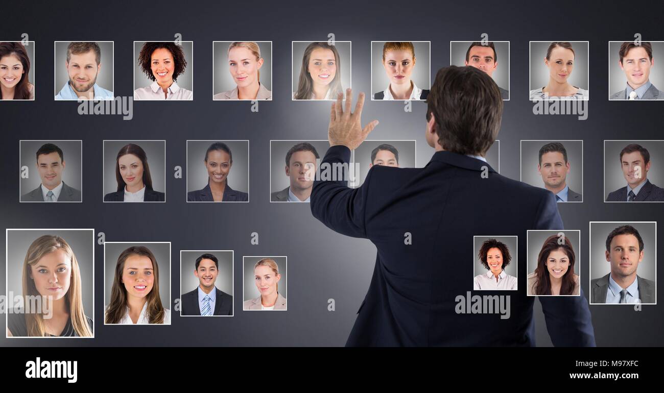 Man touching portrait profiles of different people Stock Photo - Alamy