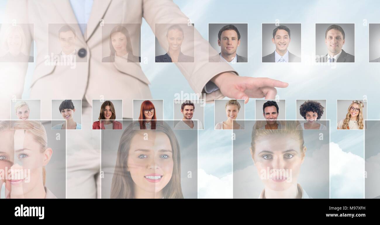 Hand touching portrait profiles of different people Stock Photo - Alamy
