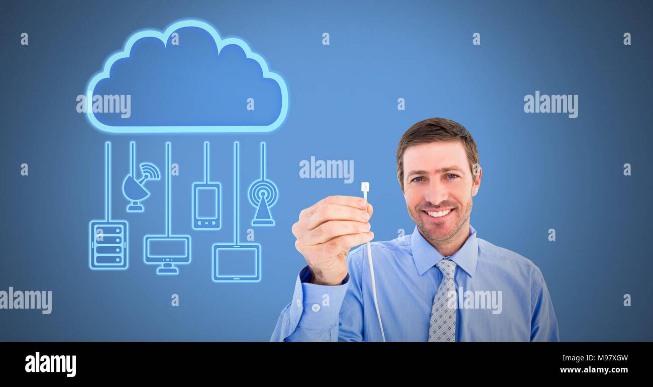 Man holding wire connection with cloud devices Stock Photo - Alamy