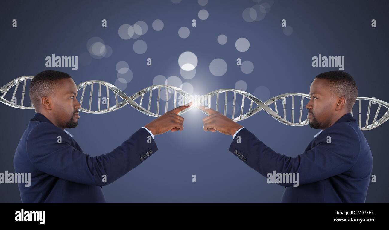 Clone twin man touching himself with genetic DNA and sparkles Stock ...