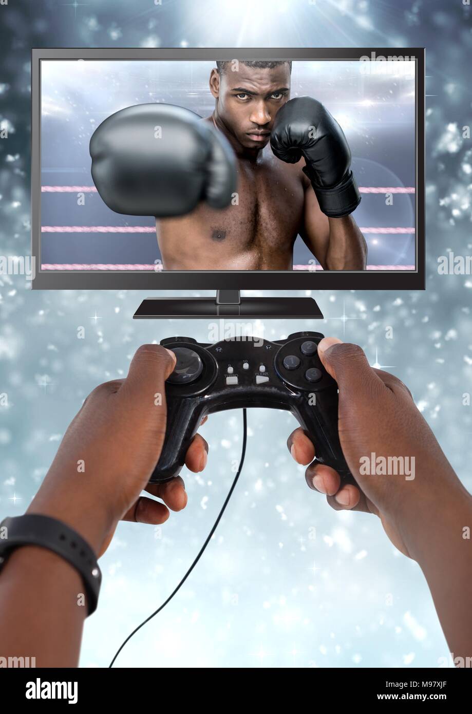 Hands holding gaming controller with boxer fighter on television Stock ...