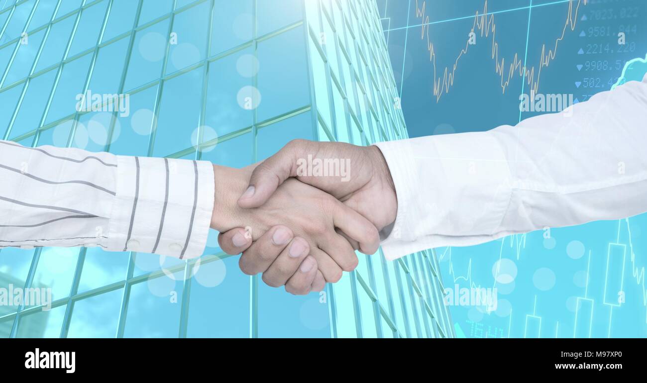 Business handshake and Tall buildings with economic finance background ...