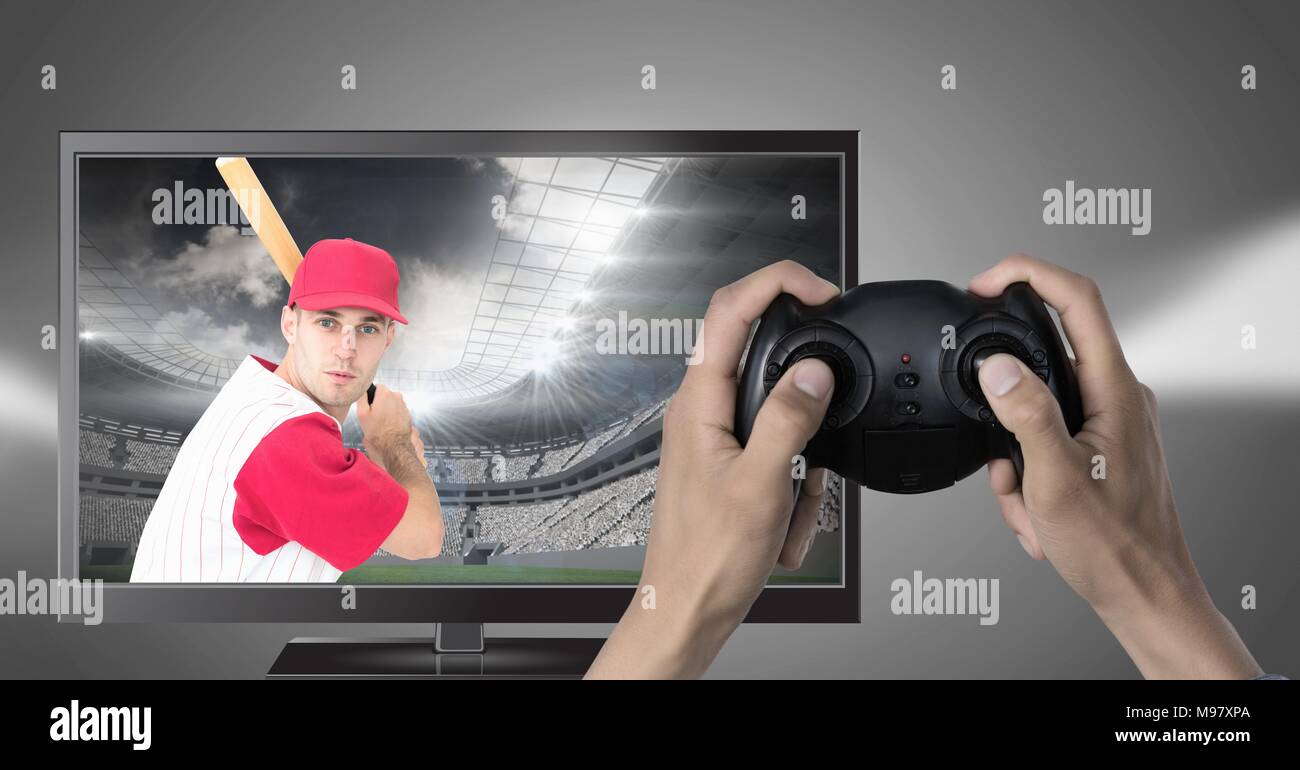 Hands holding gaming controller with baseball player on television ...