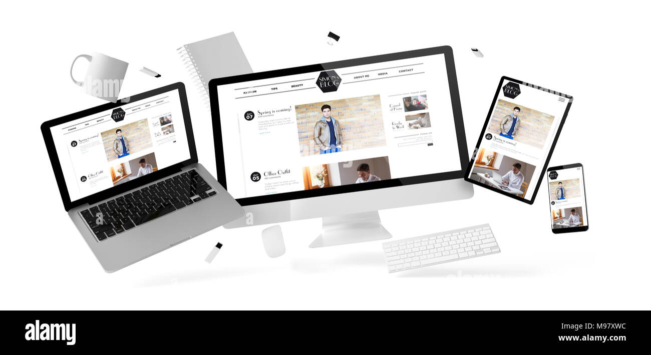 office stuff and devices floating with blog website 3d rendering Stock ...