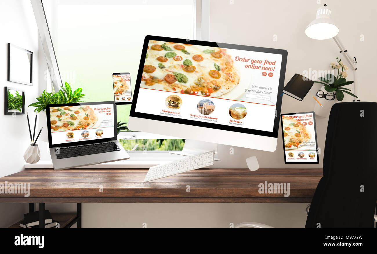 floating stuff and devices with order food online website at home ...
