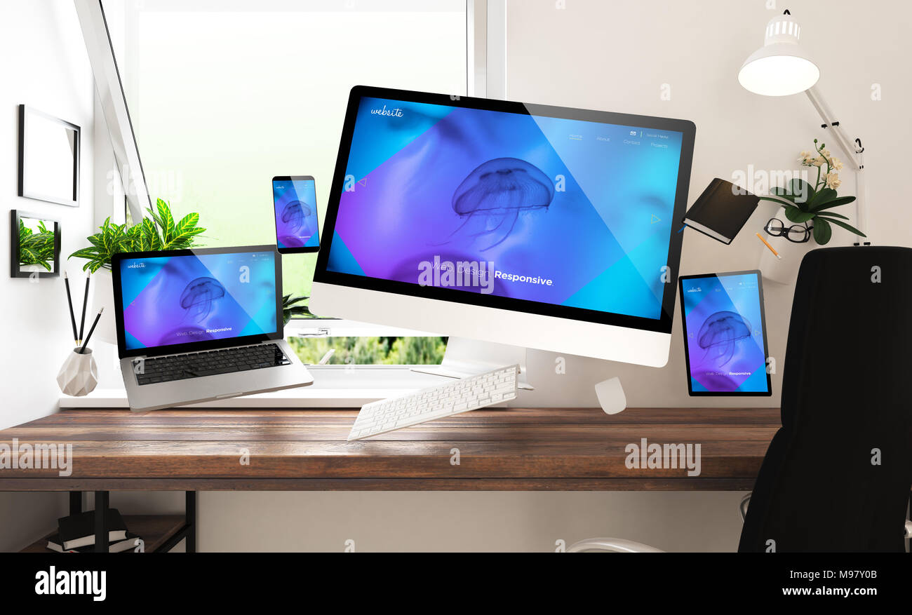 floating stuff and devices with cool responsive website at home office ...