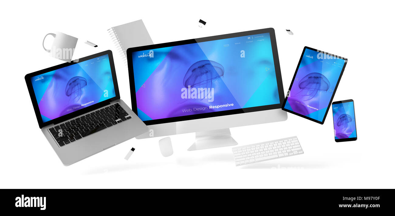 office stuff and devices floating with responsive cool design website ...
