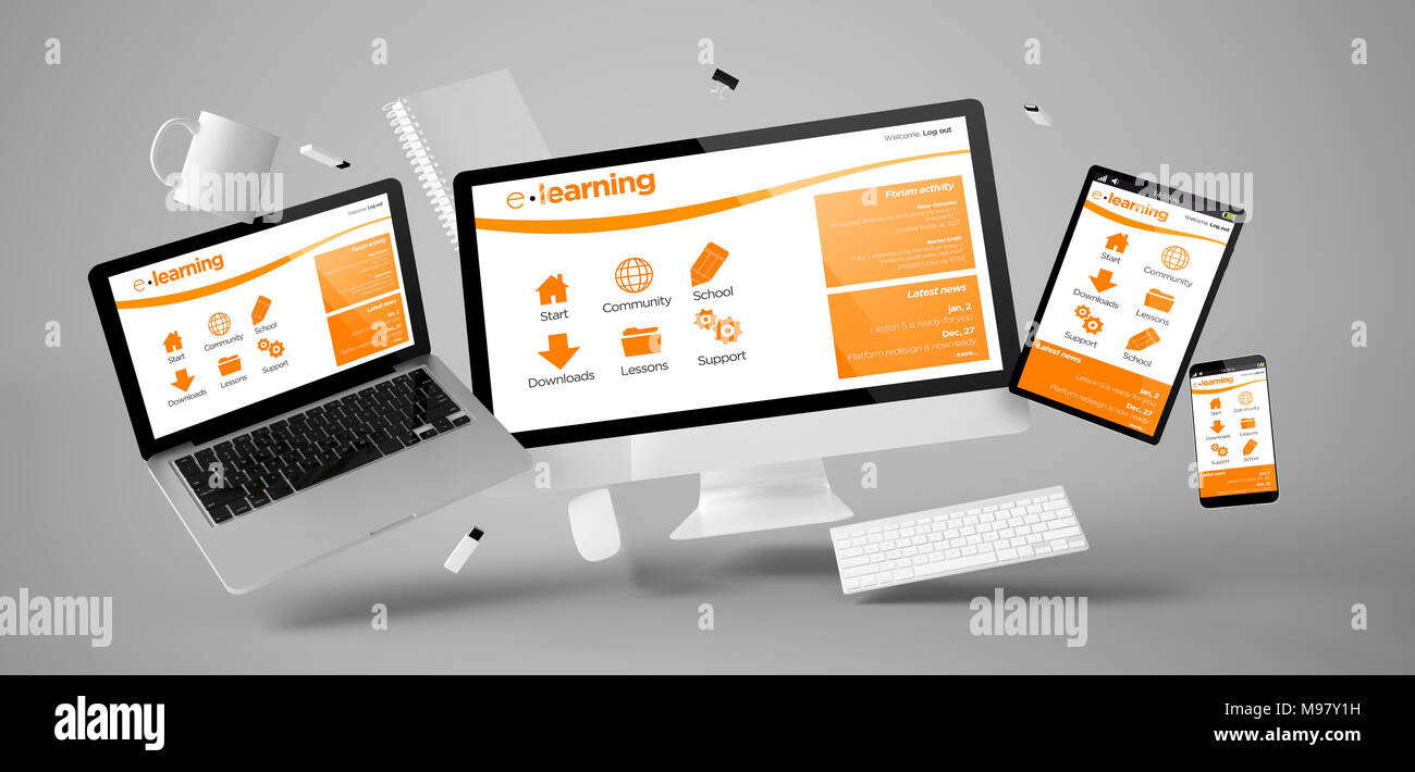 office stuff and devices floating with e-learning platform 3d rendering ...