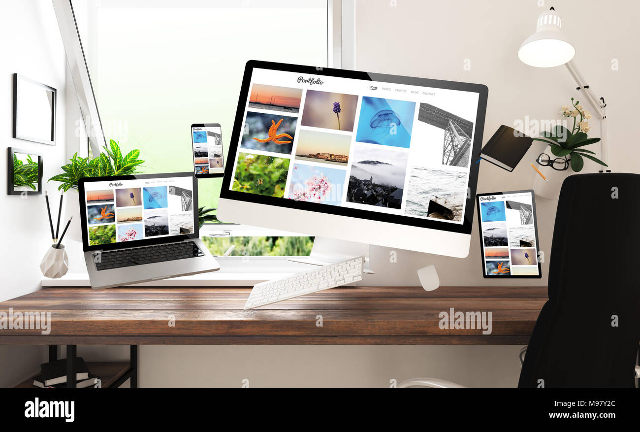 floating stuff and devices with portfolio at home office 3d rendering ...