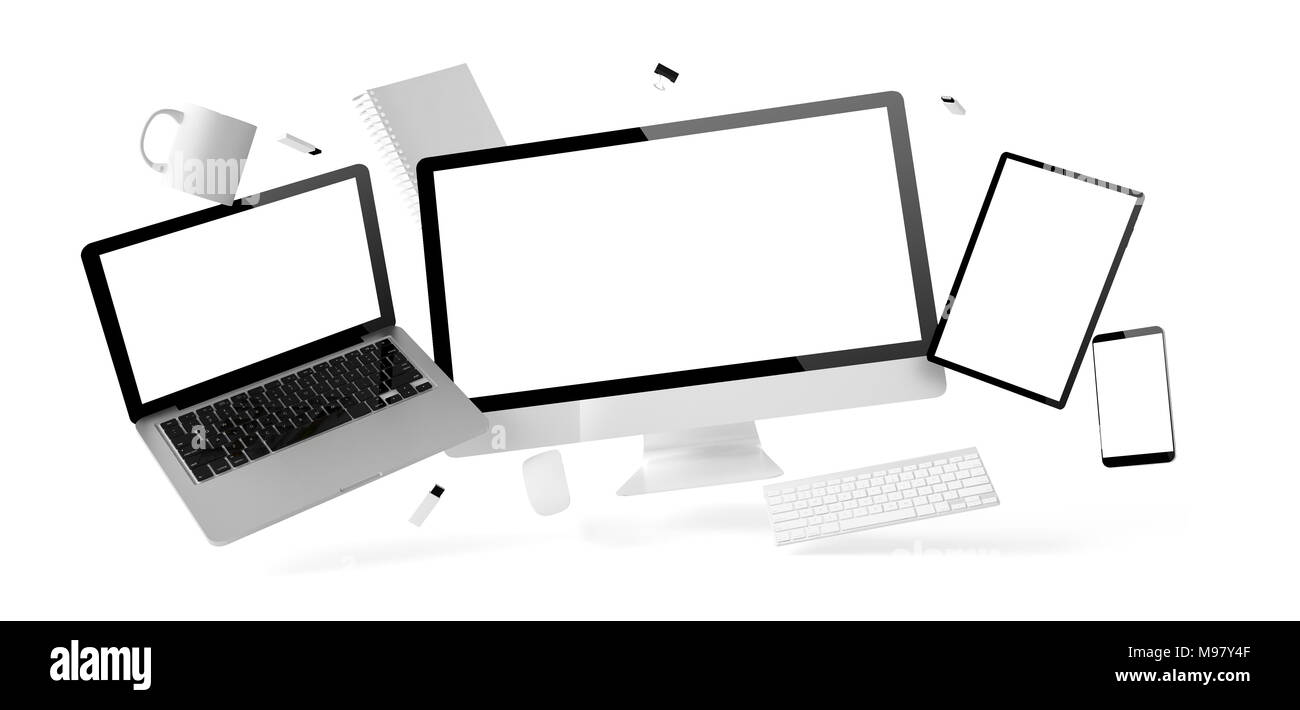 office stuff and devices floating isolated 3d rendering Stock Photo - Alamy