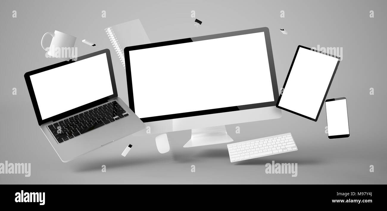 office stuff and devices floating isolated 3d rendering Stock Photo - Alamy