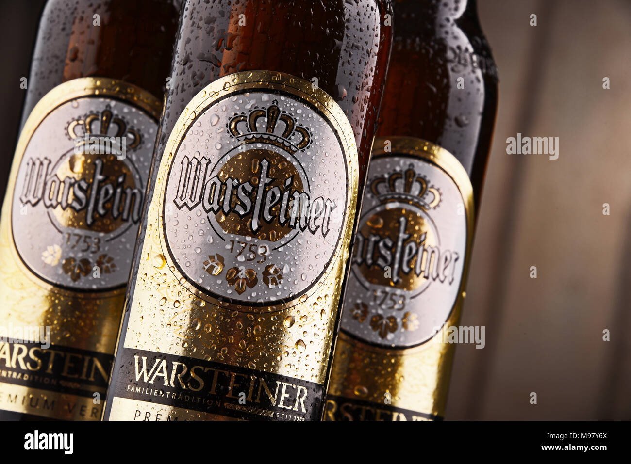 POZNAN, POLAND - FEB 14, 2018: Bottles of Warsteiner Premium Verum, the ...