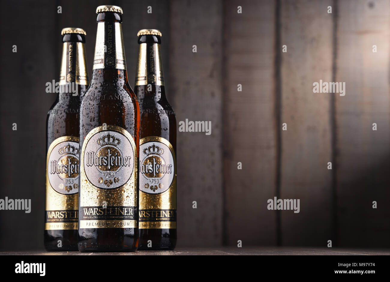 POZNAN, POLAND - FEB 14, 2018: Bottles of Warsteiner Premium Verum, the ...