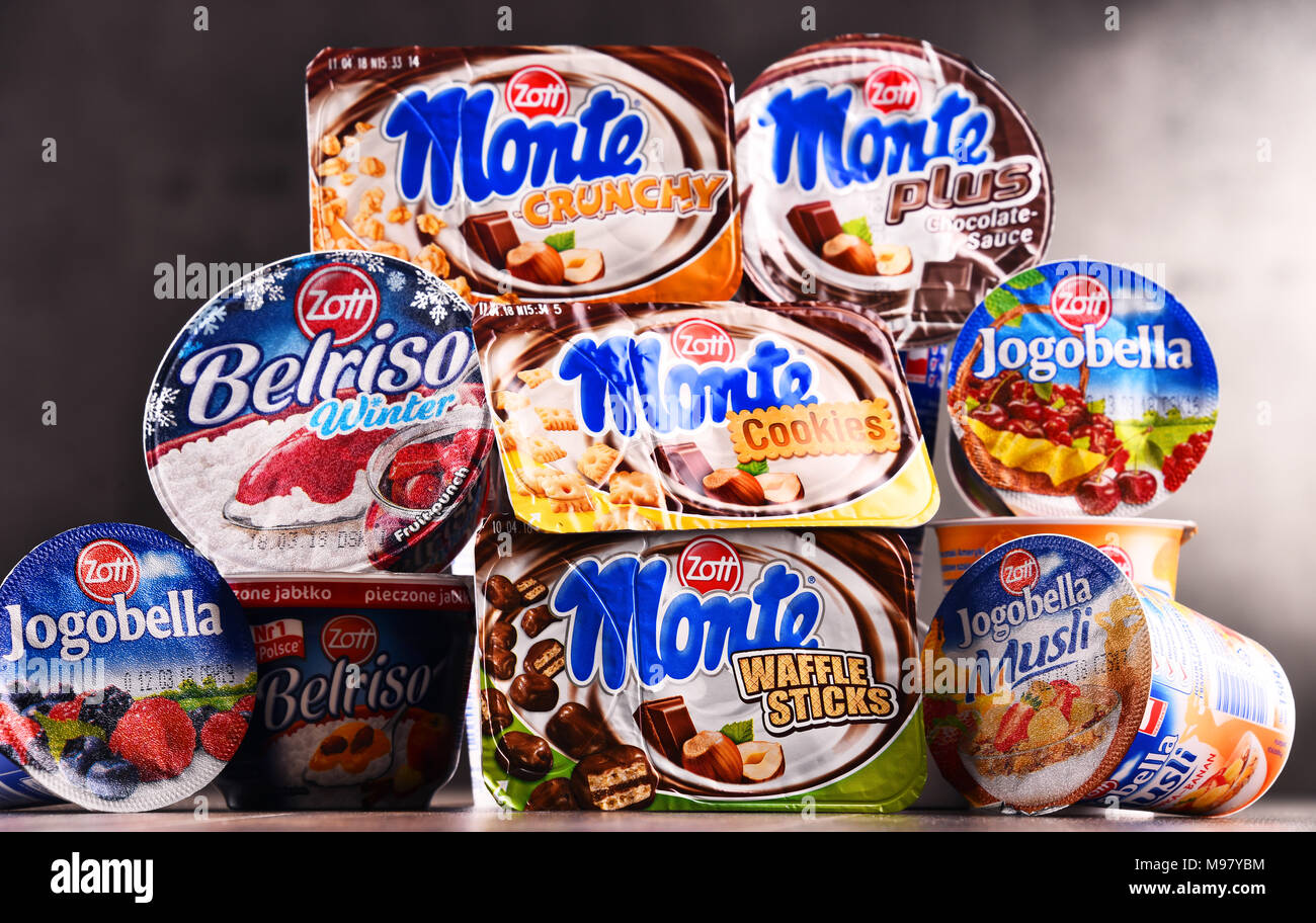 POZNAN, POLAND - FEB 21, 2018: Products of Zott, a European dairy ...