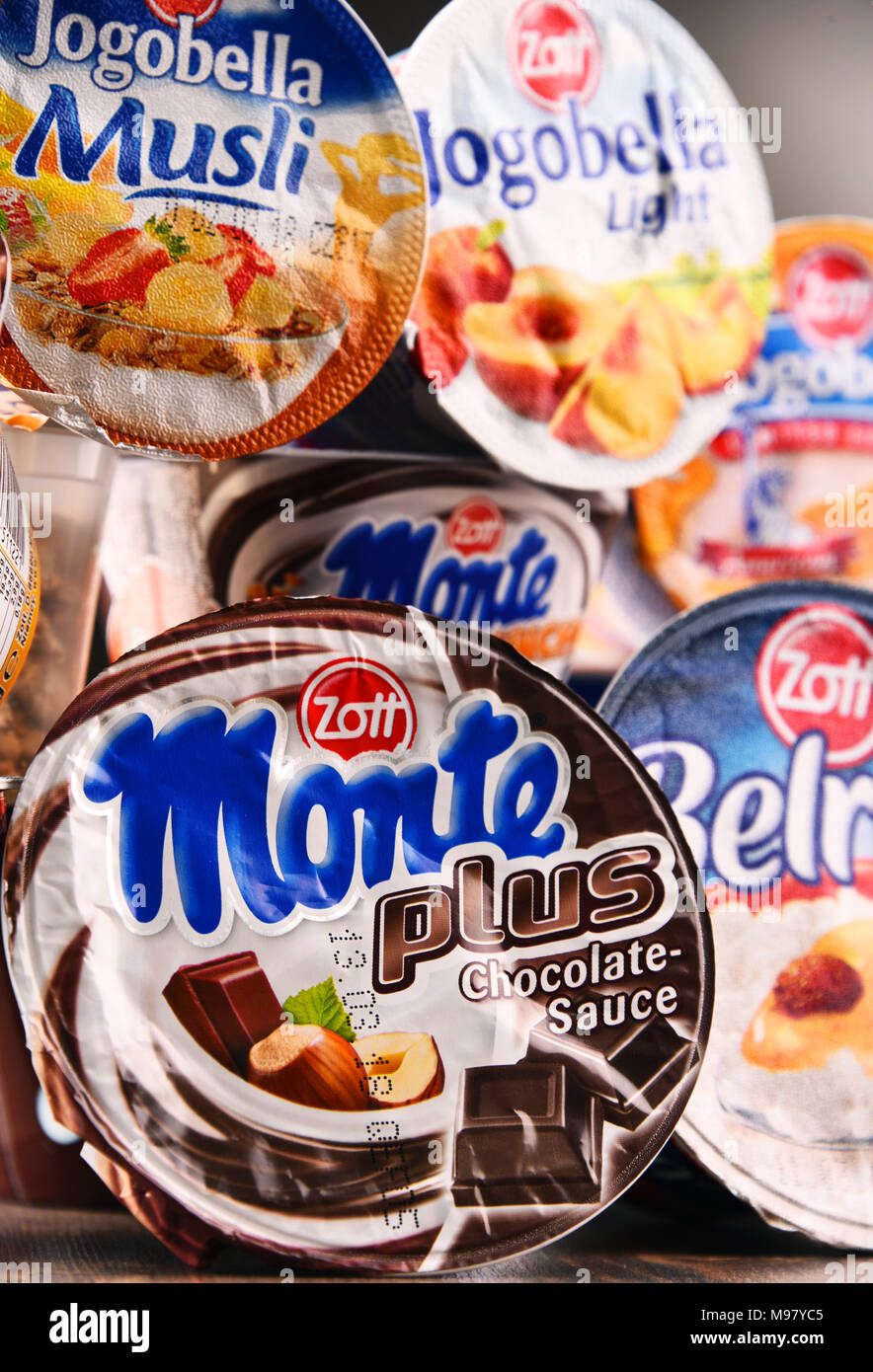 POZNAN, POLAND - FEB 21, 2018: Products of Zott, a European dairy ...