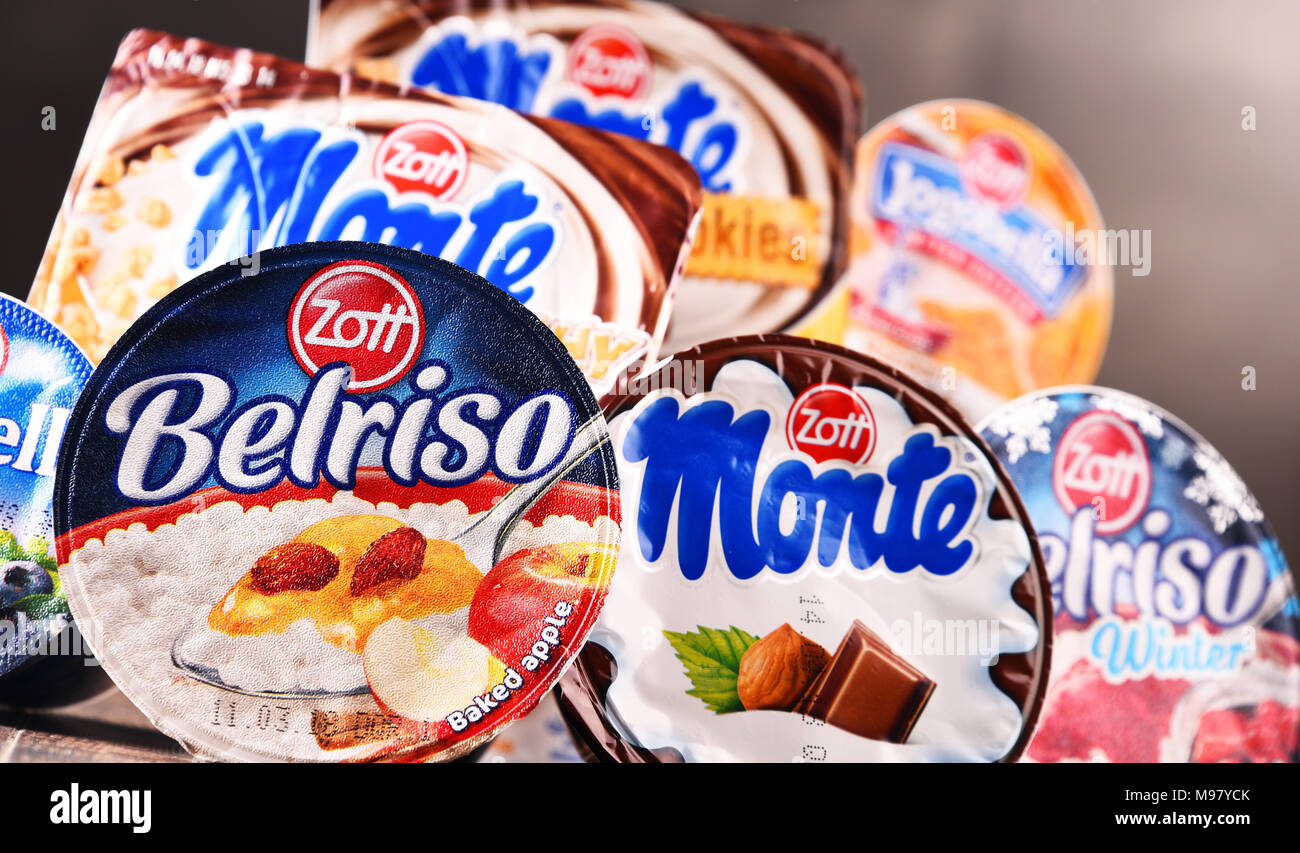 POZNAN, POLAND - FEB 21, 2018: Products of Zott, a European dairy ...