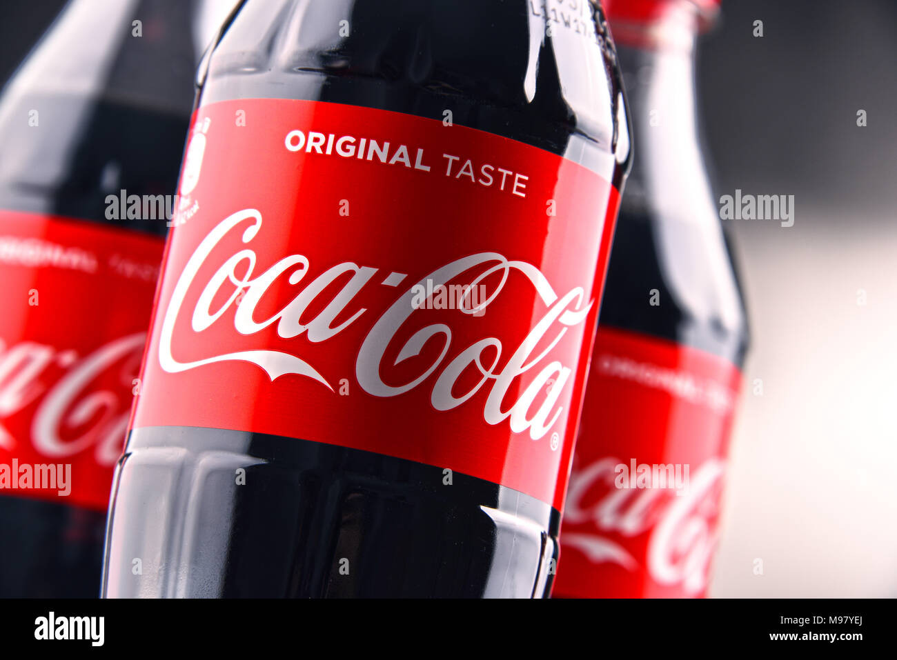 POZNAN, POLAND - MAR 1, 2018: Plastic bottles of Coca-Cola, a ...