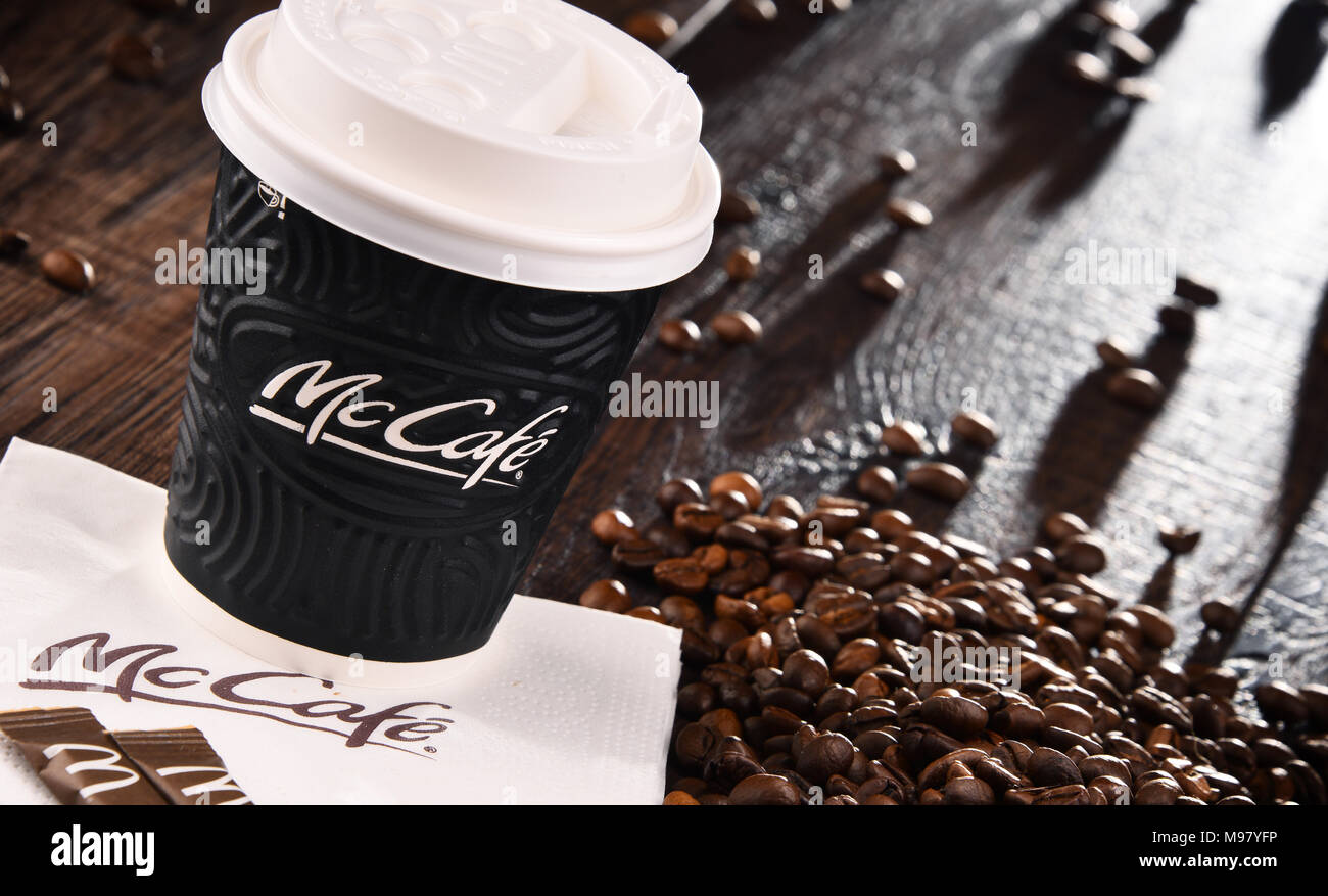 POZNAN, POLAND - MAR 7, 2018: McCafe cup of coffee, a brand of a coffee ...