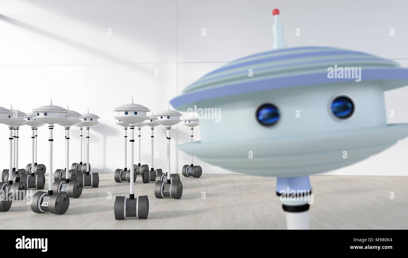 Group of robots in a room with one seperated from the others, 3d ...