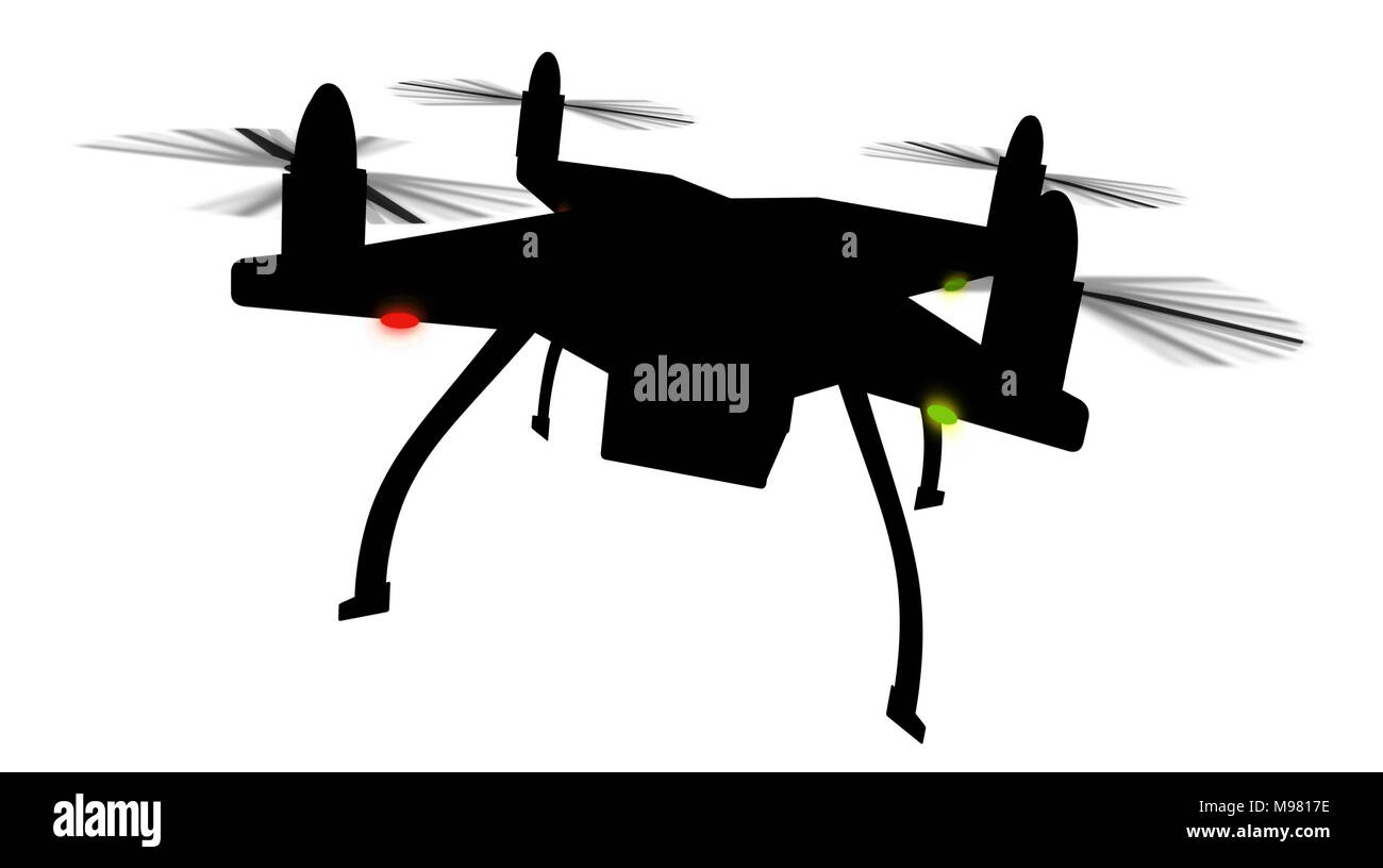 Drone silhouette 3D isolated. Black quadcopter with rotating propellers ...