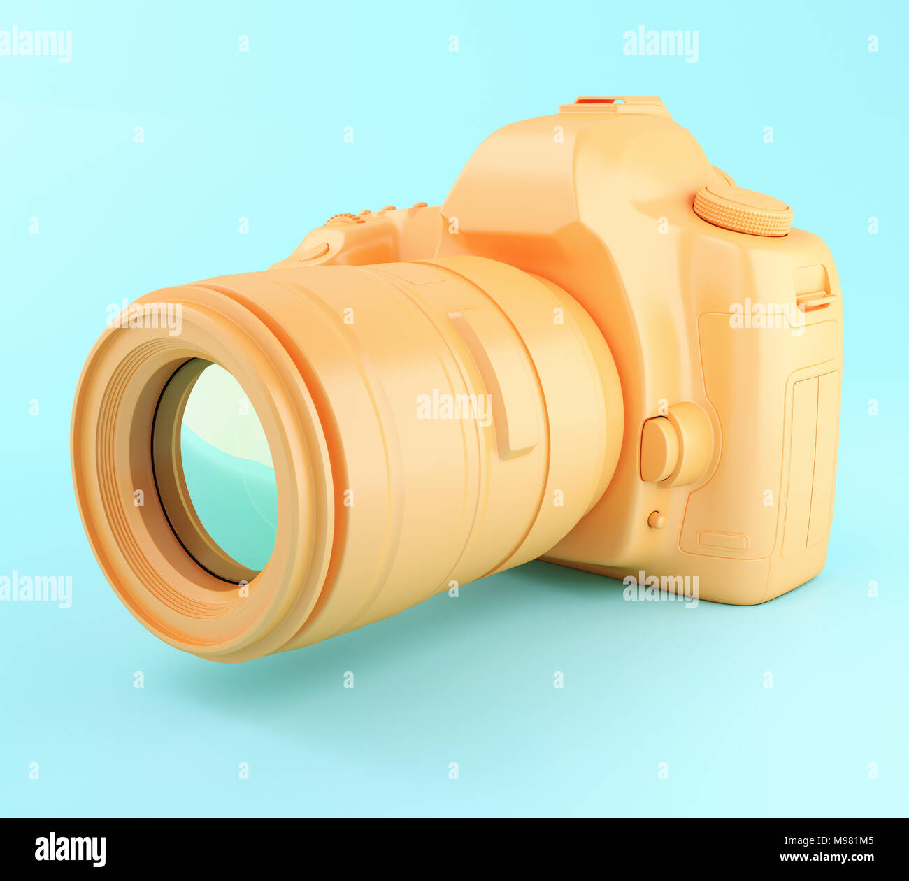 3D illustration. Digital orange photo camera on blue background Stock ...