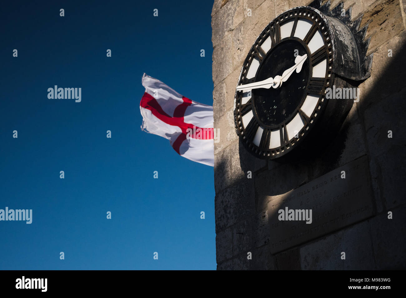 Flag of St George and Clock face, old town hall, wemyouh Stock Photo ...