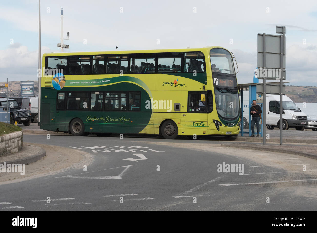 Jurassic coaster Volvo bus on Weymouth seafront Stock Photo - Alamy