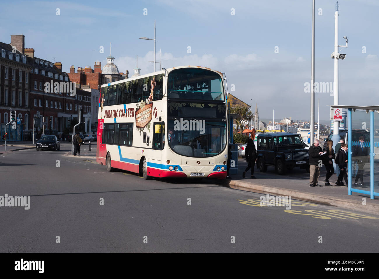 Jurassic coaster Volvo bus on Weymouth seafront Stock Photo - Alamy