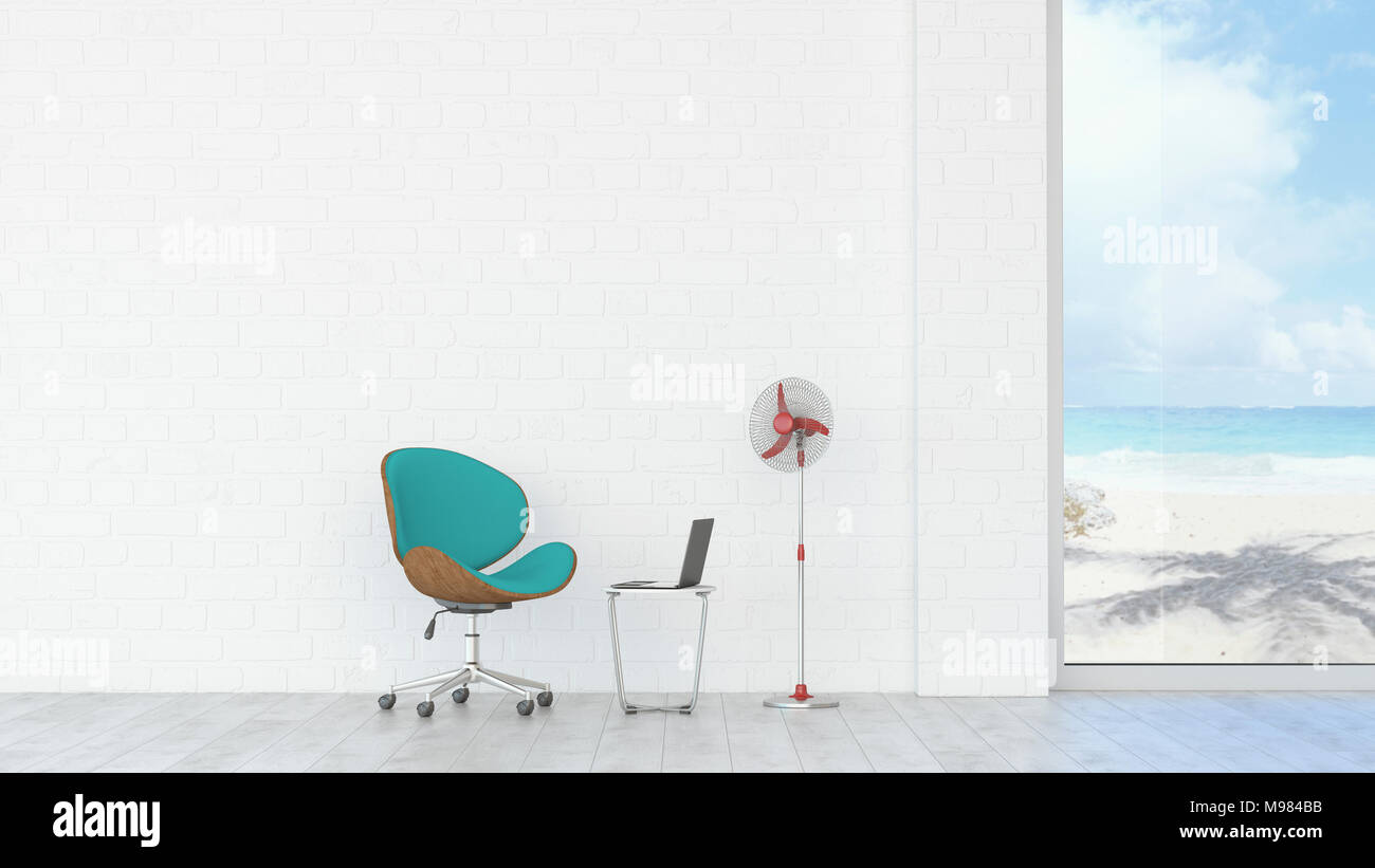 Office chair, laptop and fan with view to beach and sea, 3d rendering ...
