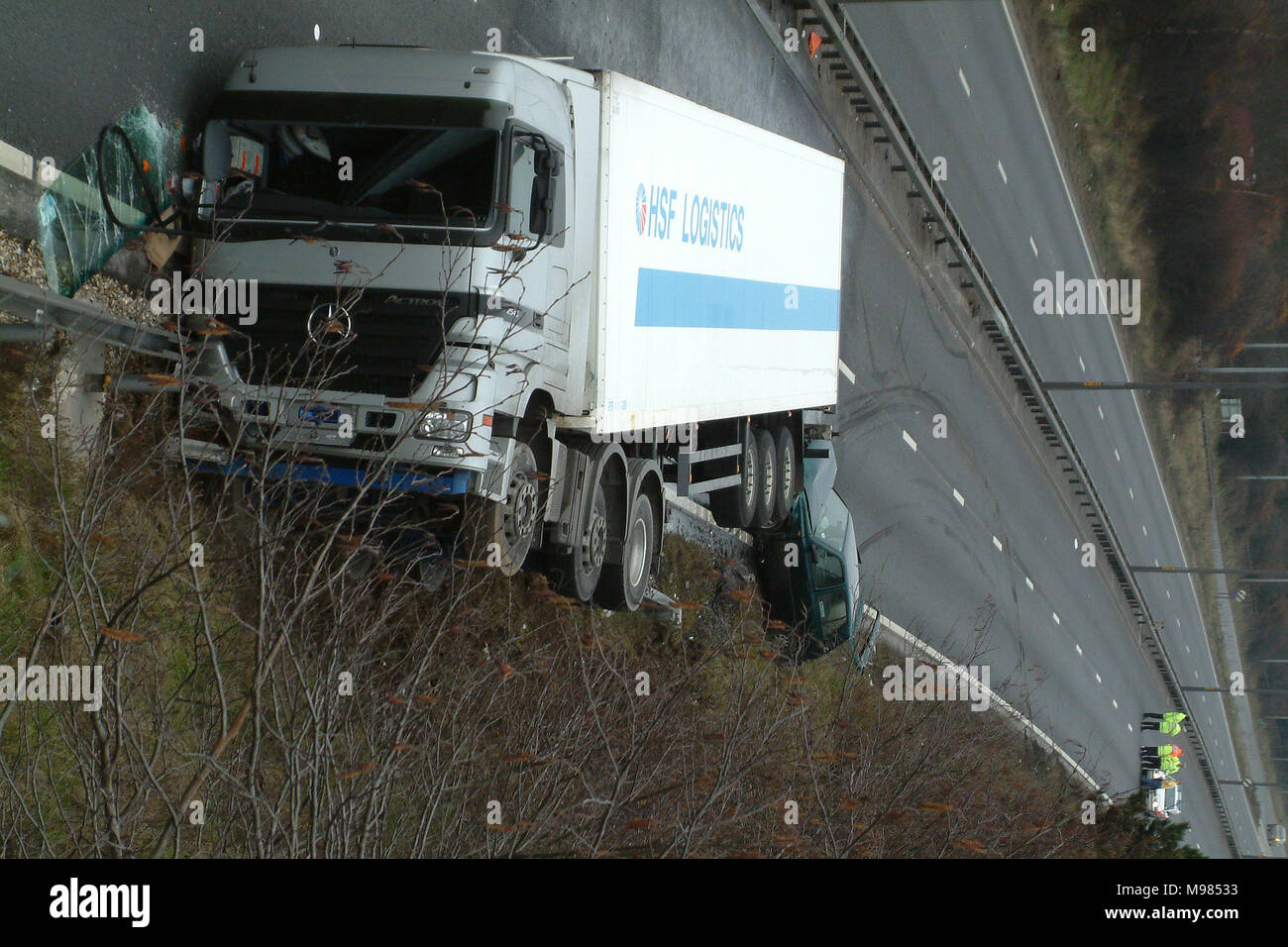 Lorry crash on motorway, lorry on its side, road traffic collision (RTC ...