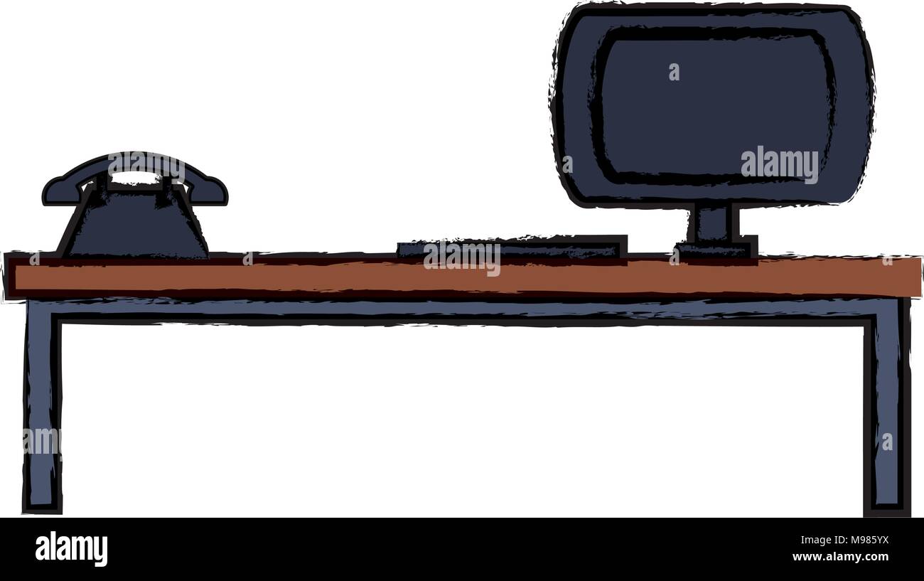 desk with computer and retro telephone icon over white background ...