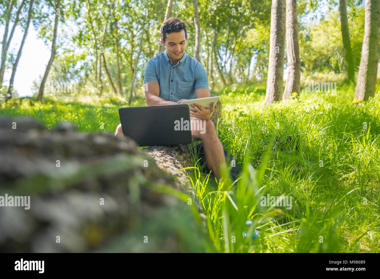 Man with laptop sitting on tree trunk in nature using tablet Stock ...