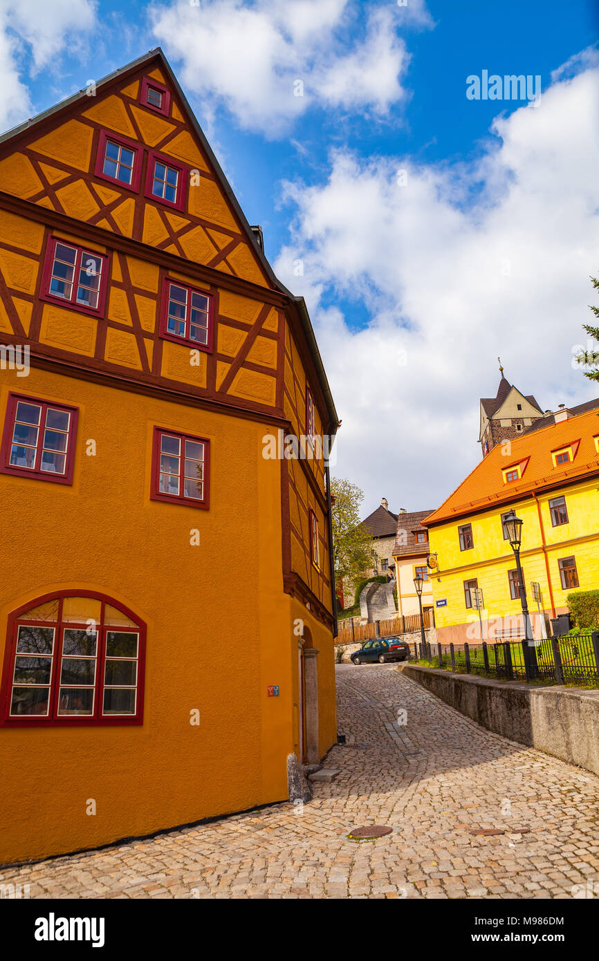 Bright orange house and street of old town Loket Stock Photo - Alamy