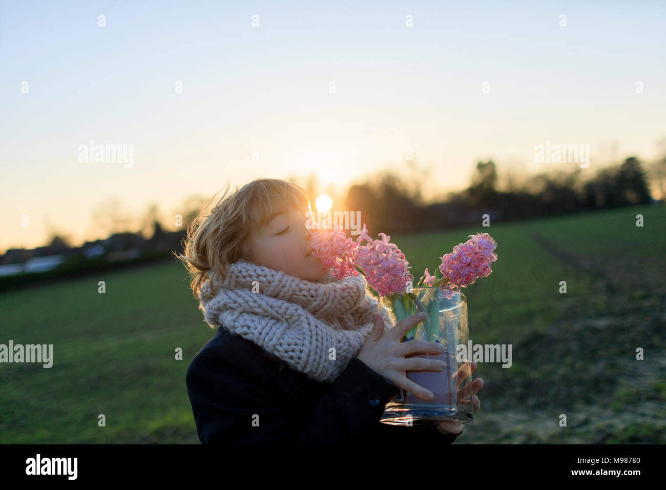 Boy on a meadow smelling hyacinth at sunset Stock Photo - Alamy