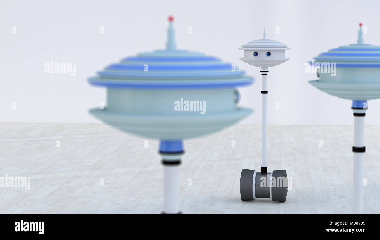 Three robots in a room, 3d rendering Stock Photo - Alamy