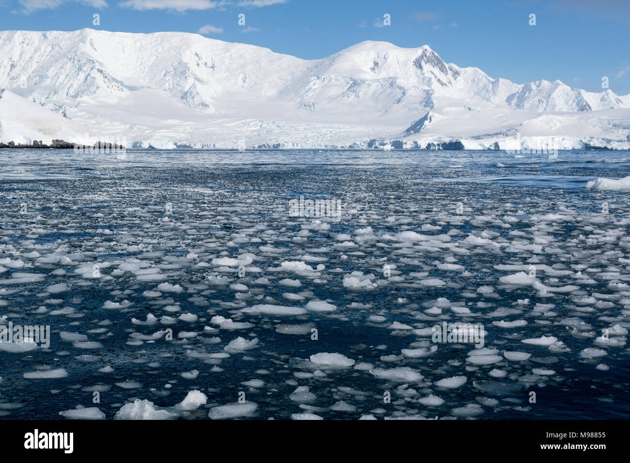 view of landscape of Fournier Bay, Antarctic peninsula, showing glacier ...