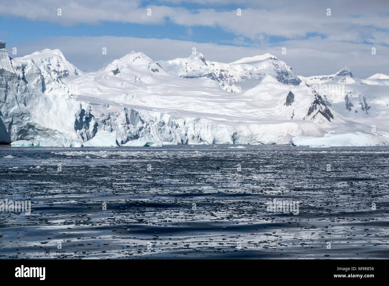 view of landscape of Fournier Bay, Antarctic peninsula, showing glacier ...