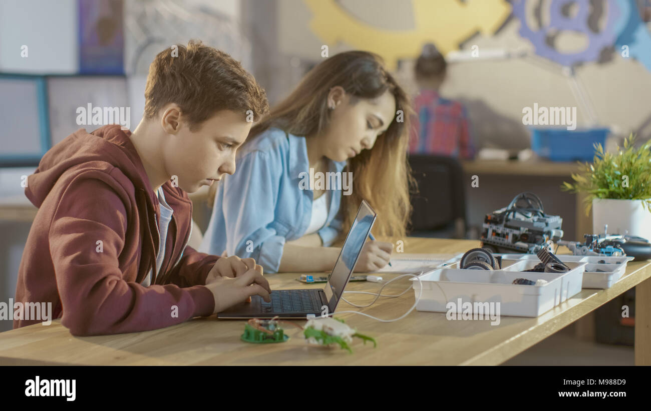 Boy Programs Technical Part of Project in Computer and Girl Writes the ...