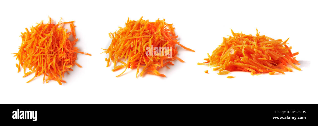 fresh grated carrots isolated on white background. three types of view ...