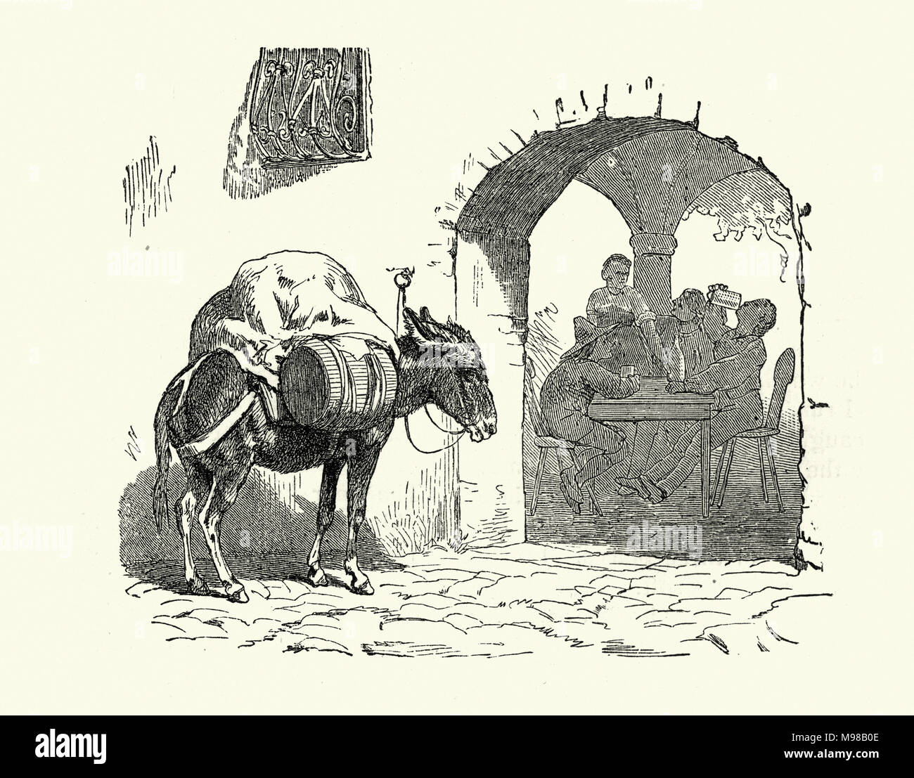 Engraving of a mule waiting outside a tavern while its owner drinks ...