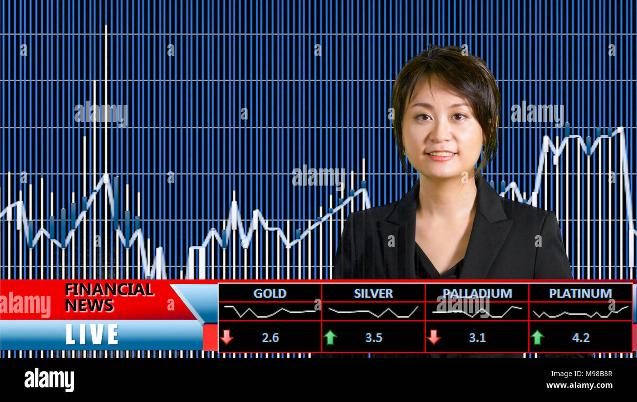 Asian female anchorwoman presenting financial news from TV studio. with ...