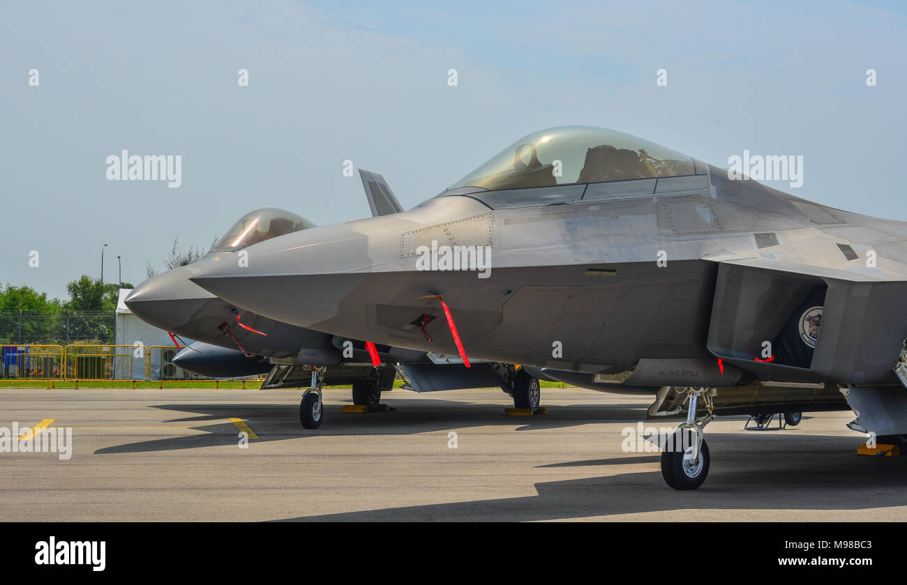 Singapore - Feb 10, 2018. Lockheed Martin F-22 Raptor aircraft belong ...