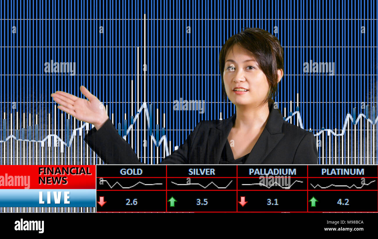 Asian female anchorwoman presenting financial news from TV studio. with ...
